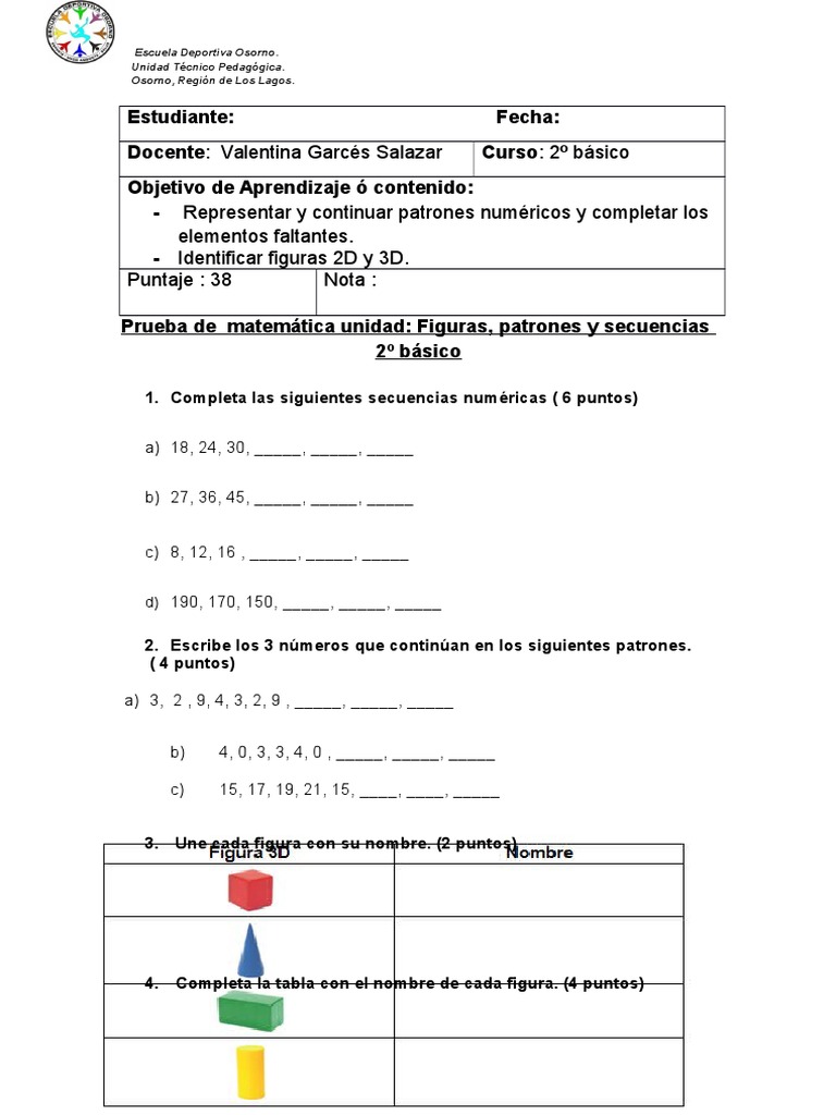 Prueba de Figuras, Patrones y Secuencias | PDF | Crecimiento personal y ...