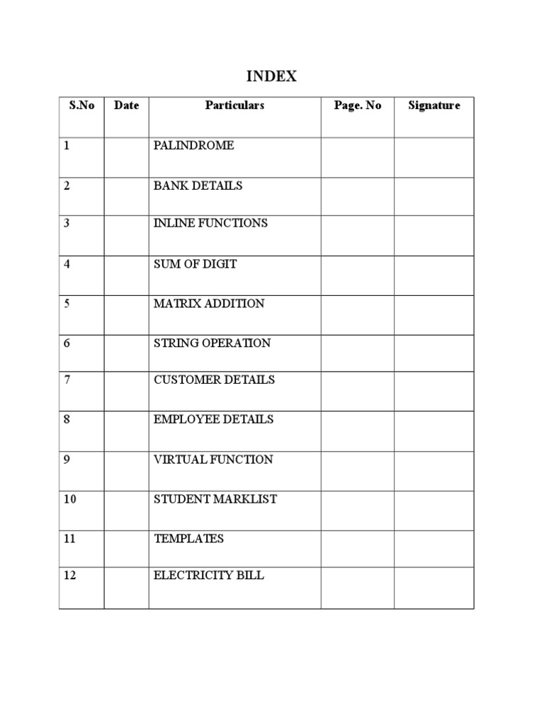 Index: S.No Date Particulars Page. No Signature | PDF