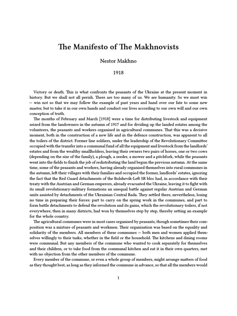 Manifesto of The Makhnovists | PDF | Political Movements | History & Theory