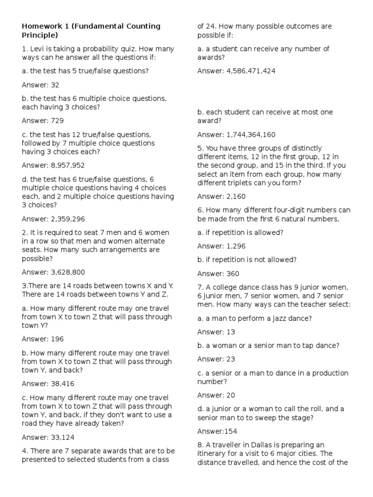 Homework 1 (Fundamental Counting Principle) | PDF | Multiple Choice ...