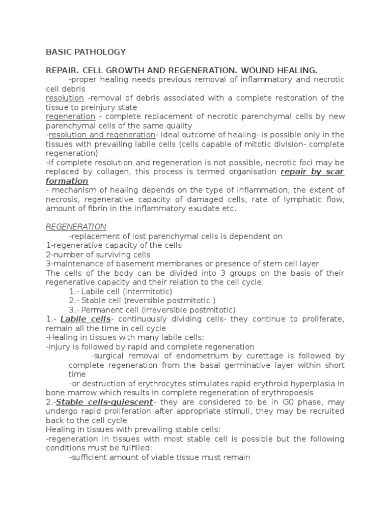 Basic Pathology Repair. Cell Growth and Regeneration. Wound Healing ...