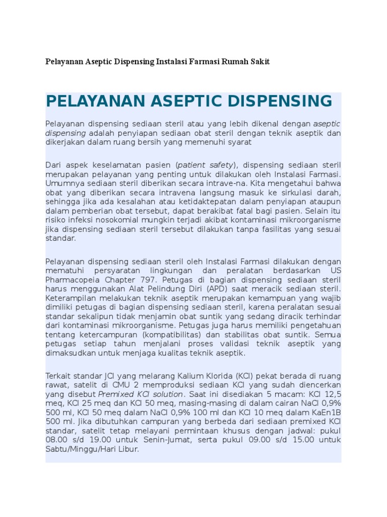 Pelayanan Aseptic Dispensing Instalasi Farmasi Rumah Sakit | PDF