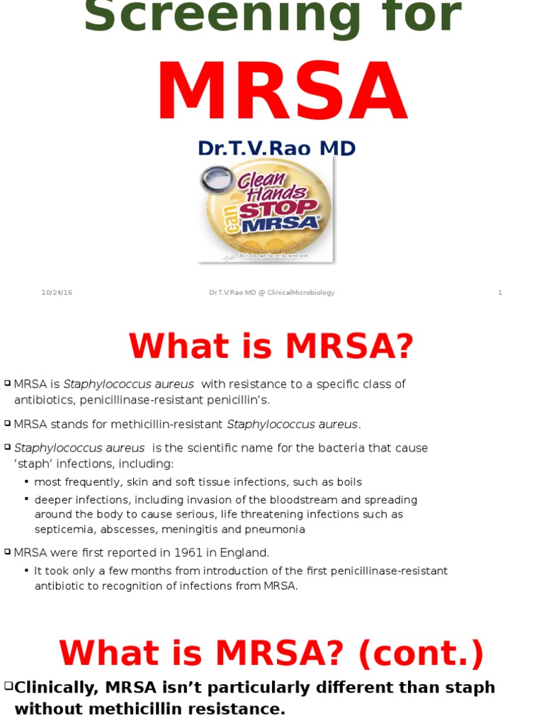 Screening For MRSA by Dr.T.V.Rao MD | PDF | Methicillin Resistant ...