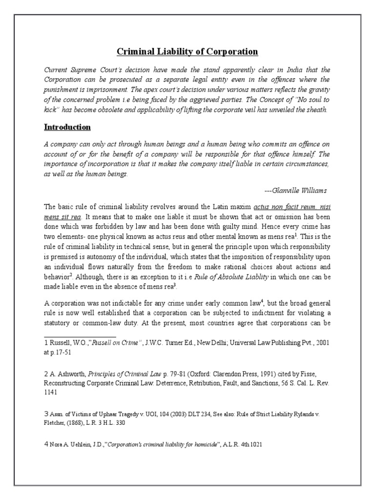 Corporate Criminal Liability in India | PDF | Mens Rea | Crime & Violence