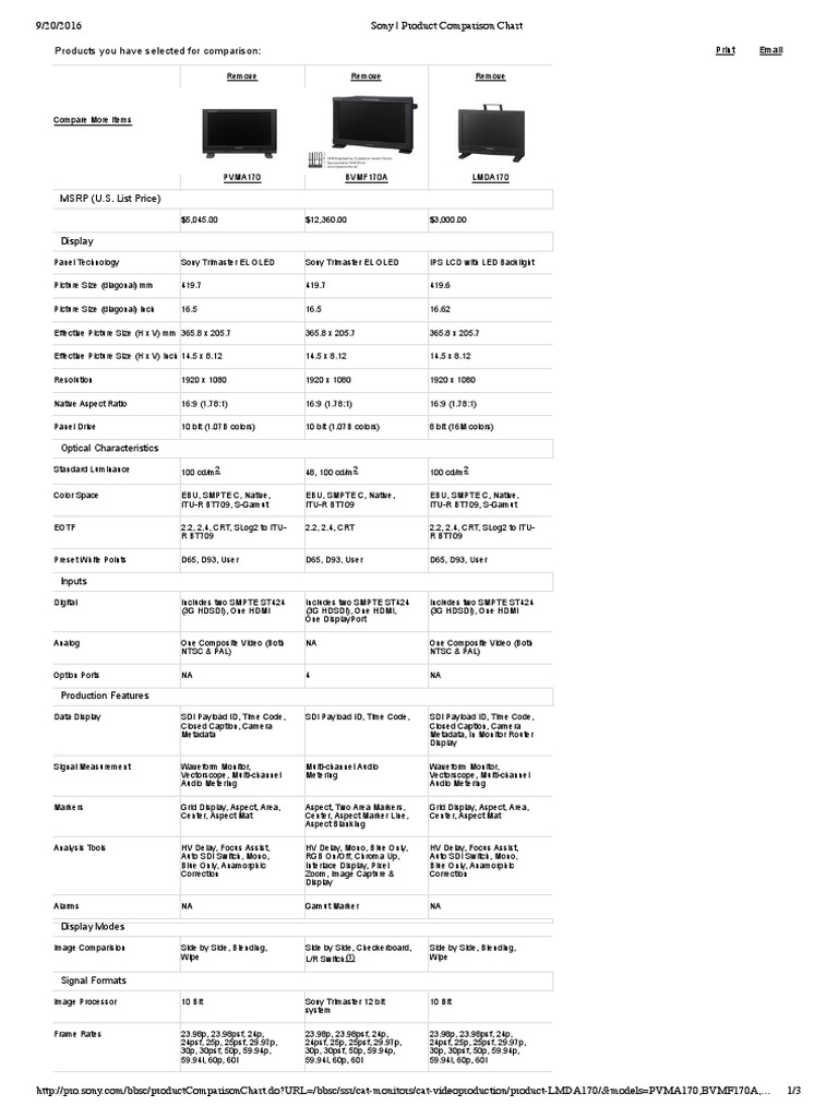 Sony - Product Comparison Chart | PDF | Computers