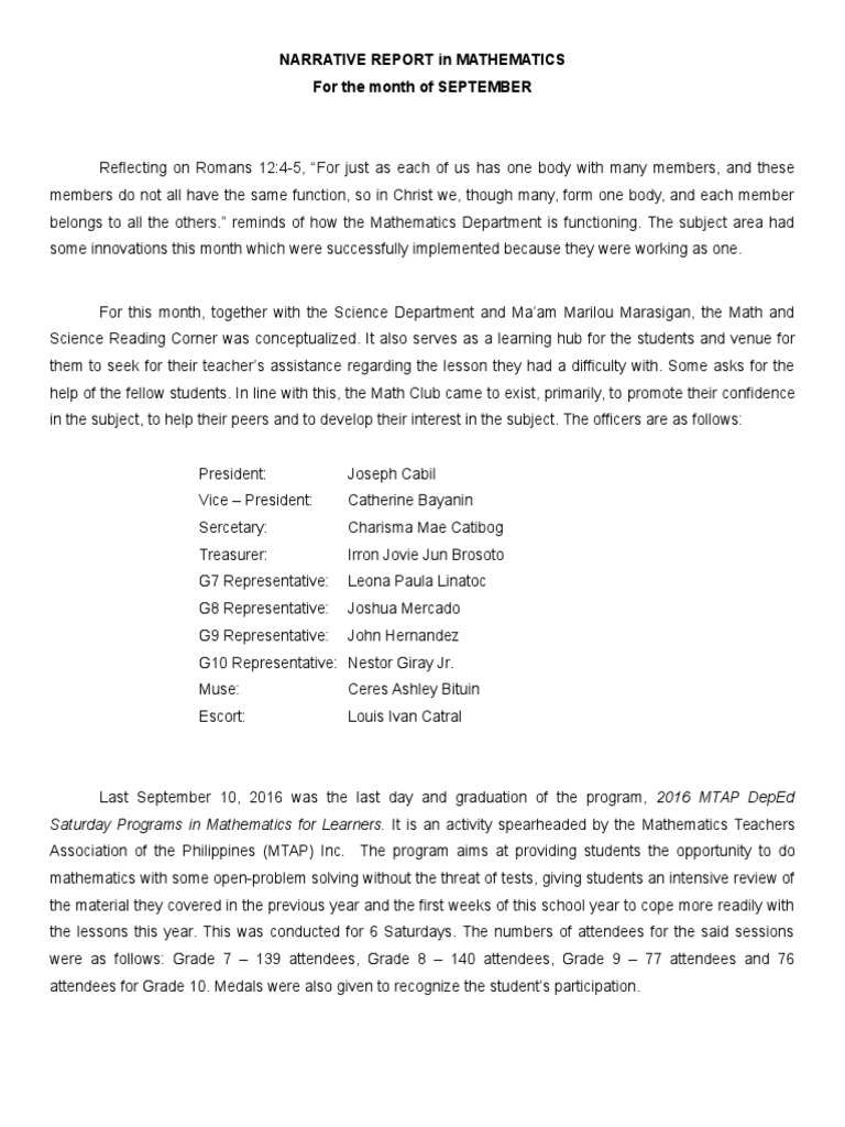 September Mathematics Narrative Report | PDF | Teaching Mathematics ...