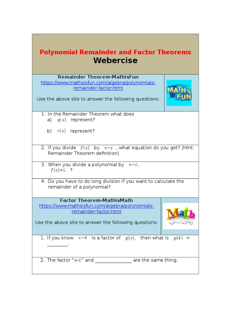 Webercise: Polynomial Remainder and Factor Theorems | PDF