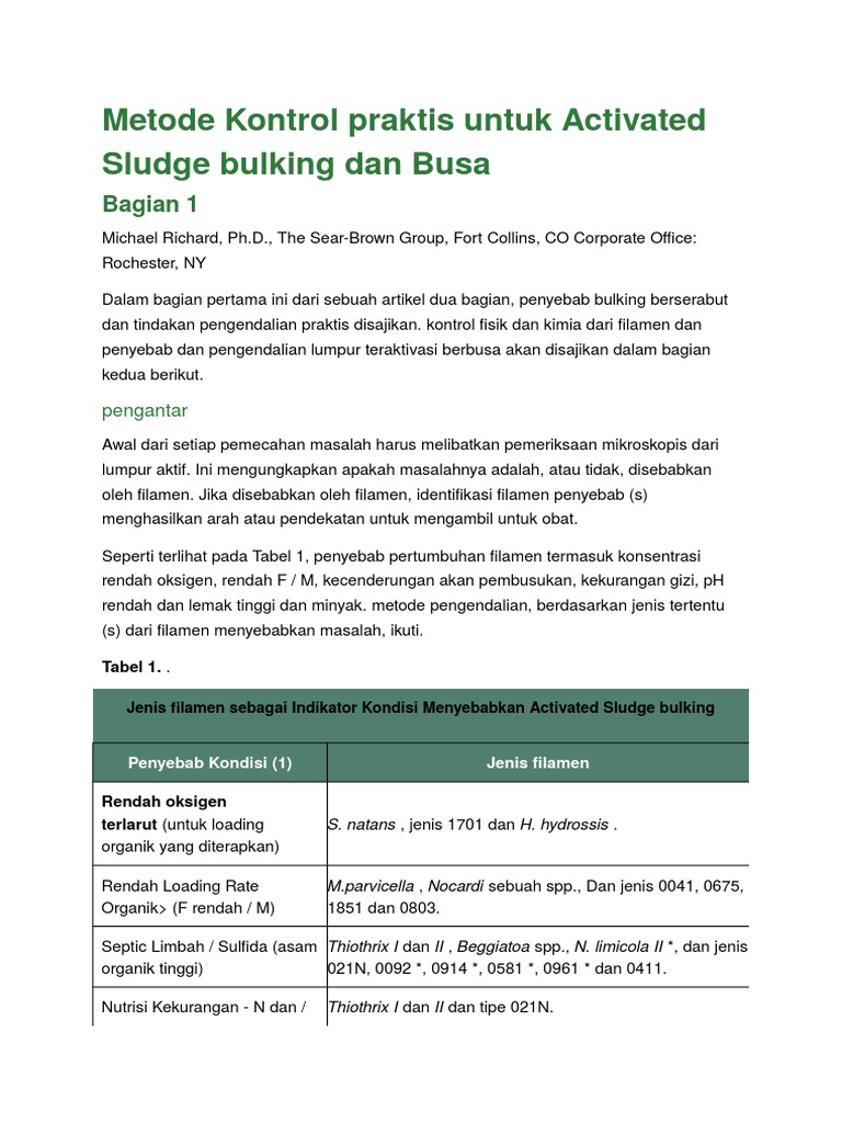 Metode Kontrol Praktis Untuk Activated Sludge Bulking Dan Busa | PDF