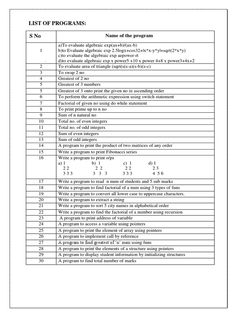 List of Programs: Sno: Name of The Program | PDF | Pointer (Computer ...