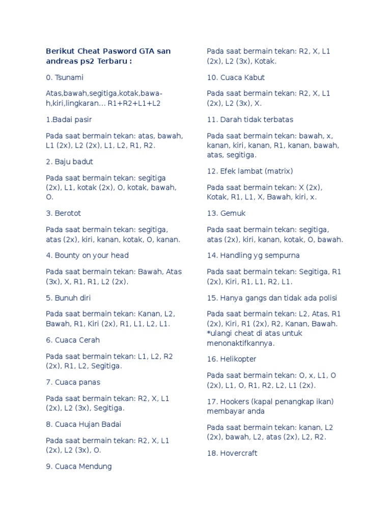 Berikut Cheat Pasword GTA San Andreas Ps2 Terbaru 2015 | PDF