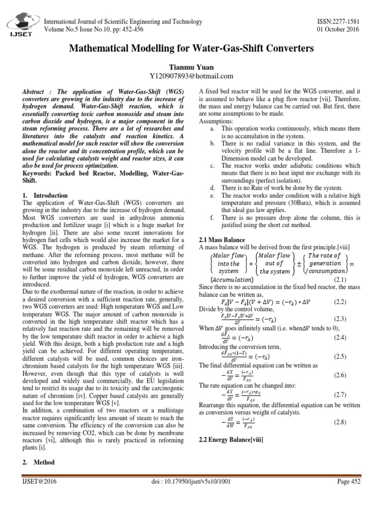 Water-Gas-Shift Converter Modeling | PDF | Teaching Methods & Materials ...