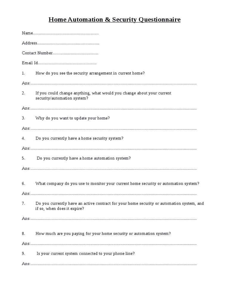 Home Automation & Security Questionnaire | PDF