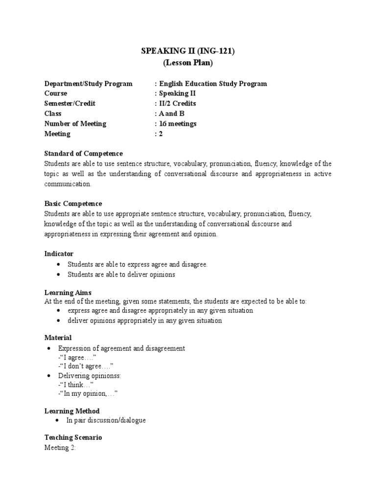 Speaking Ii (Ing-121) (Lesson Plan) | PDF | Fluency | Lesson Plan