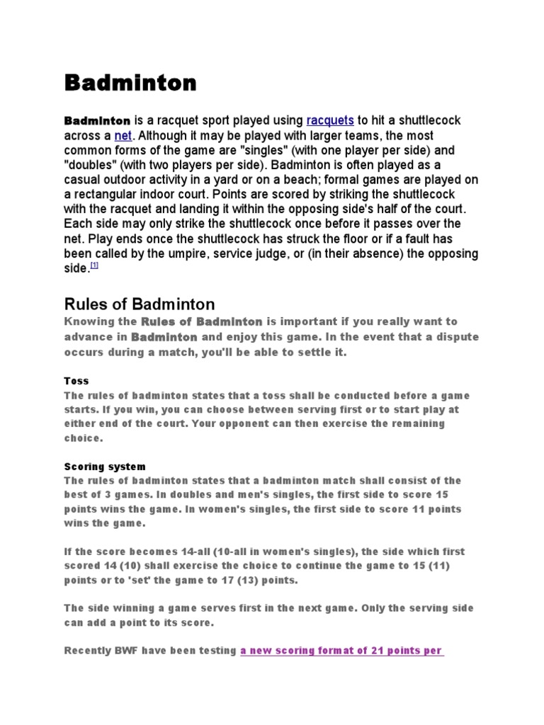 Rules of Badminton | PDF | Referee | Leisure