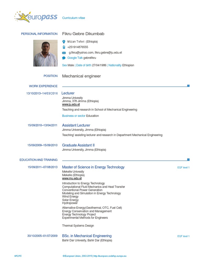 CV Europass 20151204 Dikumbab | PDF | Energy Technology | Mechanical Engineering