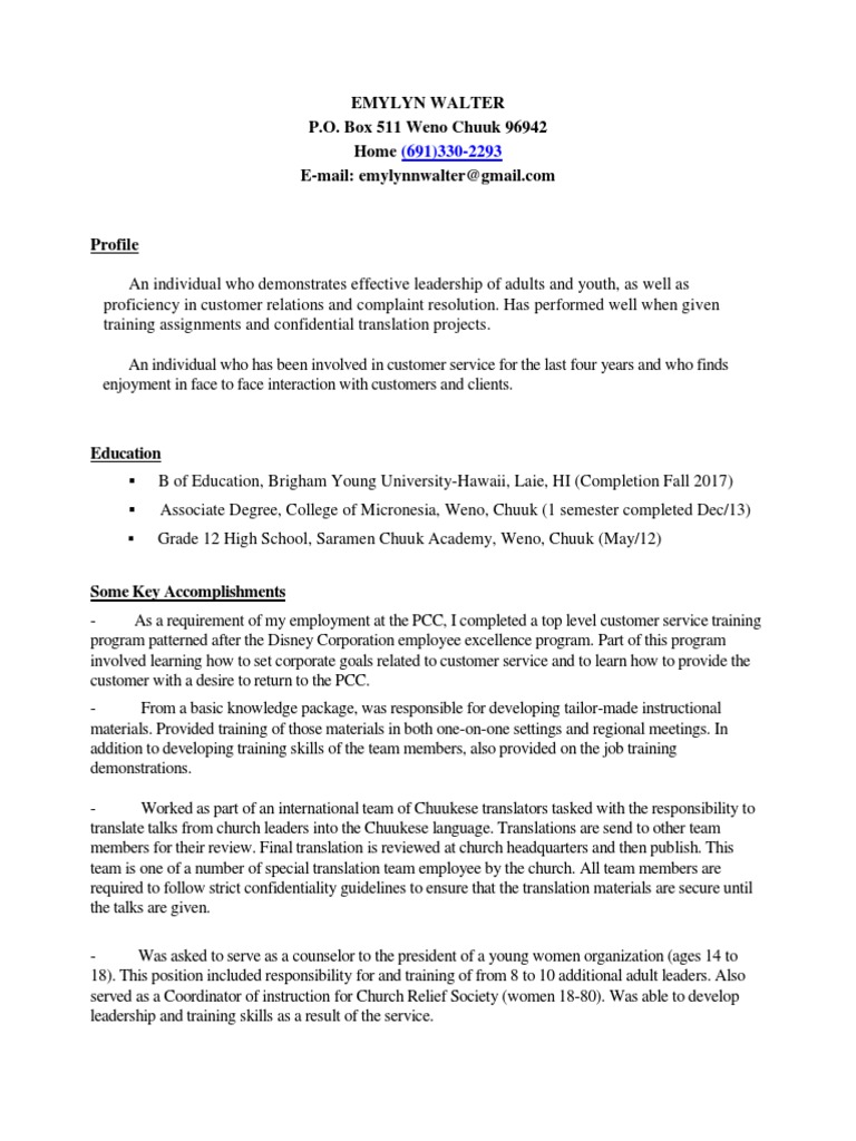 Resume Emylyn Walter 1 | PDF | The Church Of Jesus Christ Of Latter Day ...