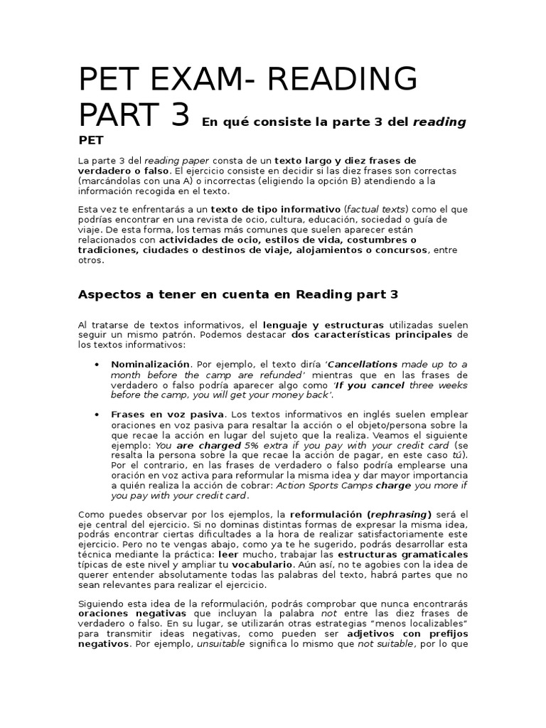 PET EXAM Reading Part 3 | PDF | Lectura (proceso) | Lingüística