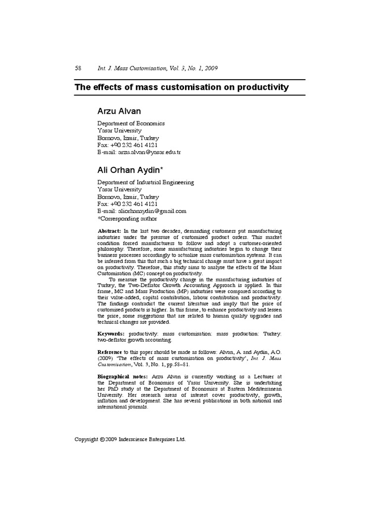 The Effects of Mass Customisation On Productivity: Arzu Alvan | PDF ...