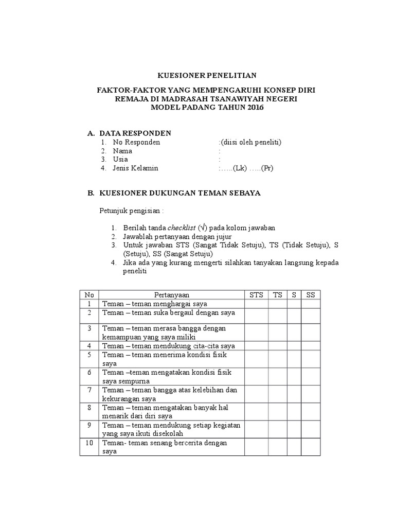 Kuesioner Dukungan Teman Sebaya | PDF