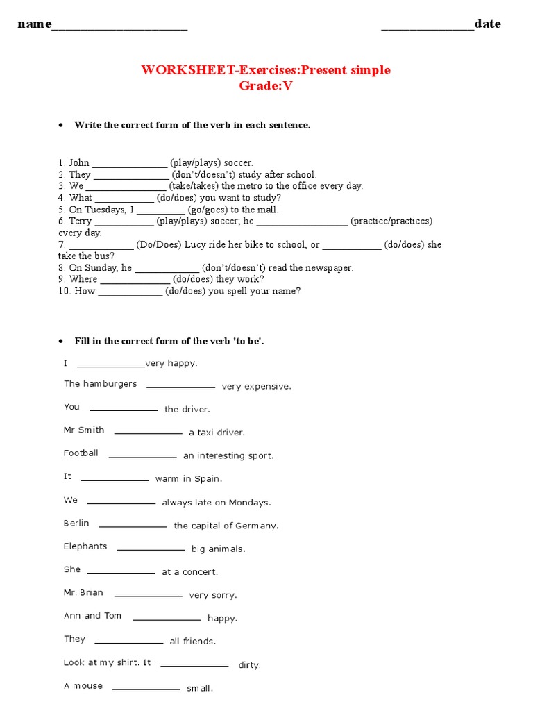 WORKSHEET-Exercises:Present Simple Grade:V | PDF