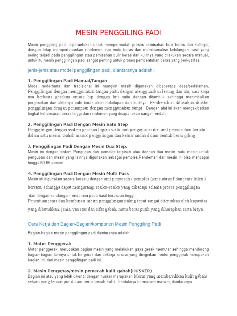 Mesin Penggiling Padi: Jenis dan Fungsi | PDF