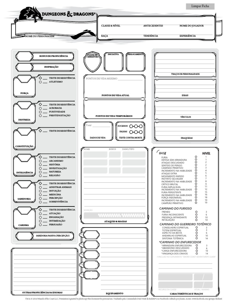 D&D 5E - Ficha de Barbaro | PDF | Dungeons & Dragons (jogo) | Tigre