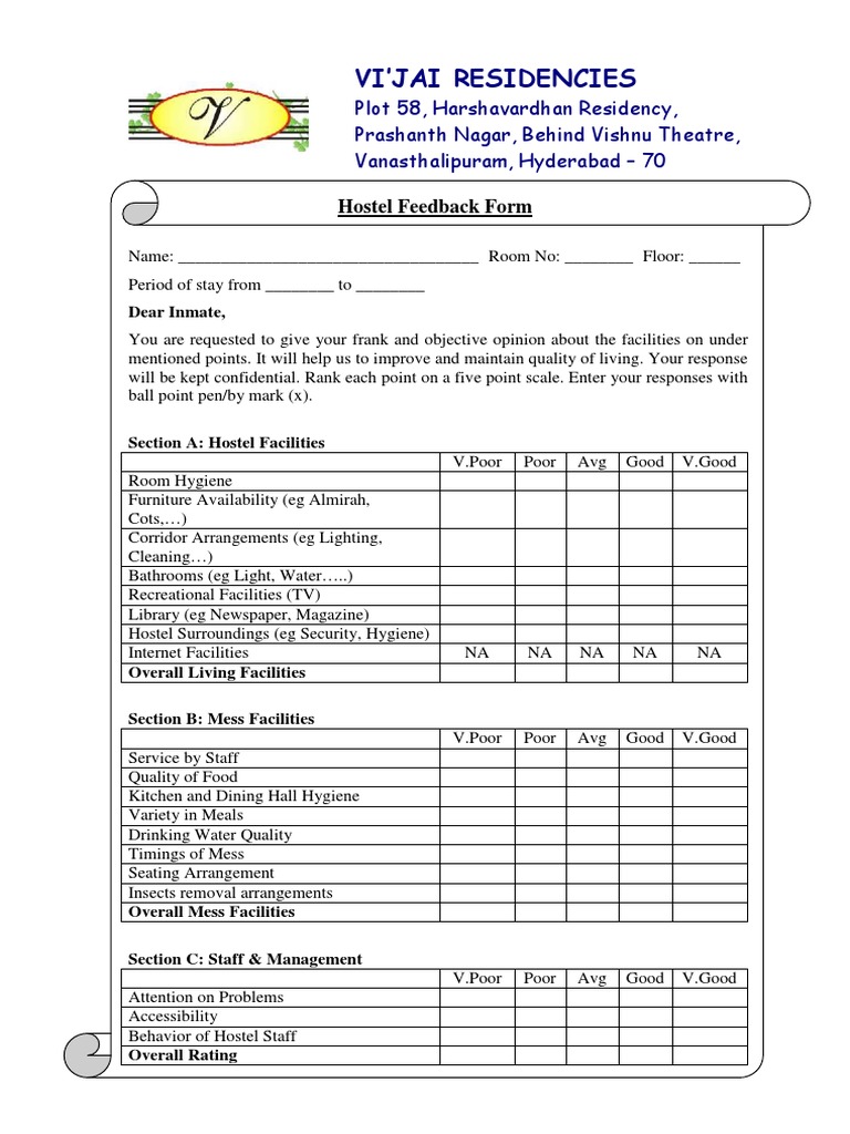 Hostel Feedback Form