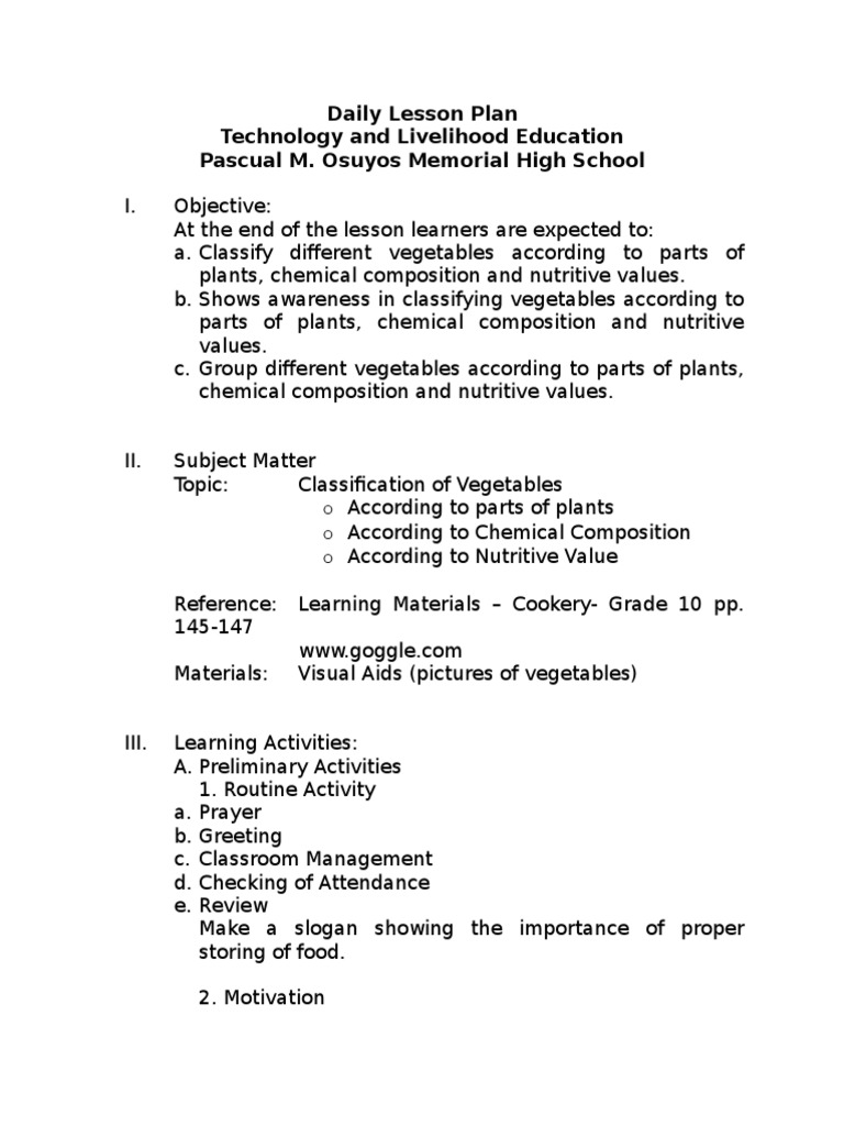 Daily Lesson Plan Technology and Livelihood Education Pascual M. Osuyos ...