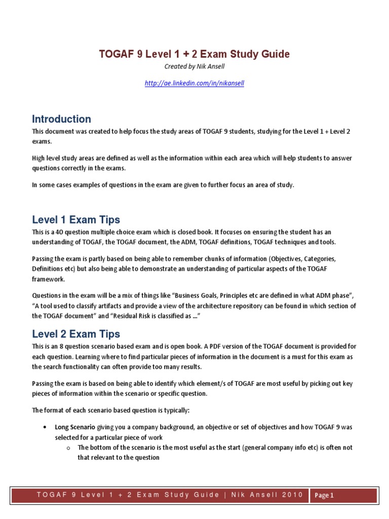 TOGAF 9 Level 1 + 2 Exam Study Guide: Created by Nik Ansell | PDF ...