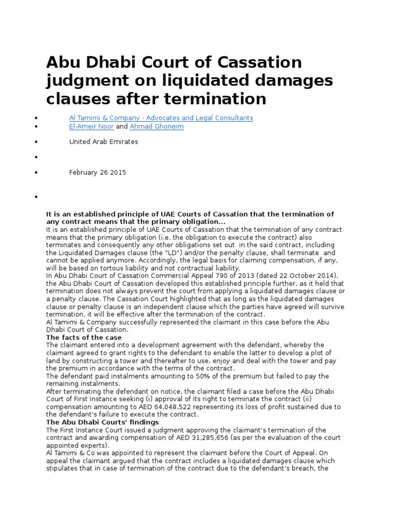 Abu Dhabi Court of Cassation Judgment on Liquidated Damages Clauses ...