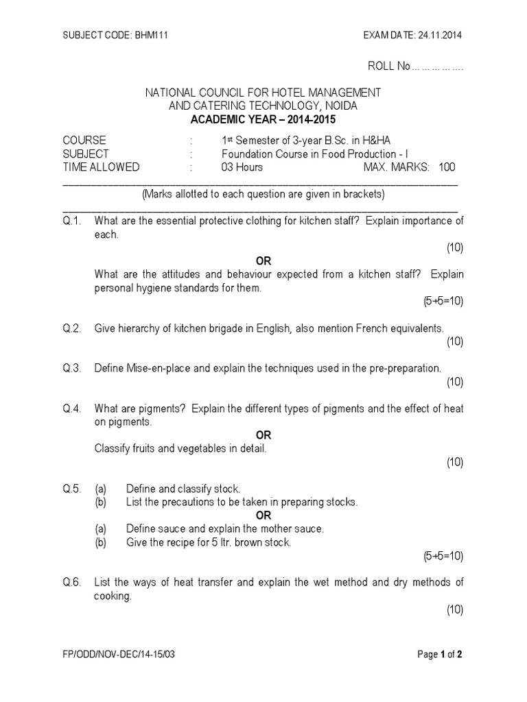 Food Production Exam Questions BHM111 | PDF | Career & Growth | Business
