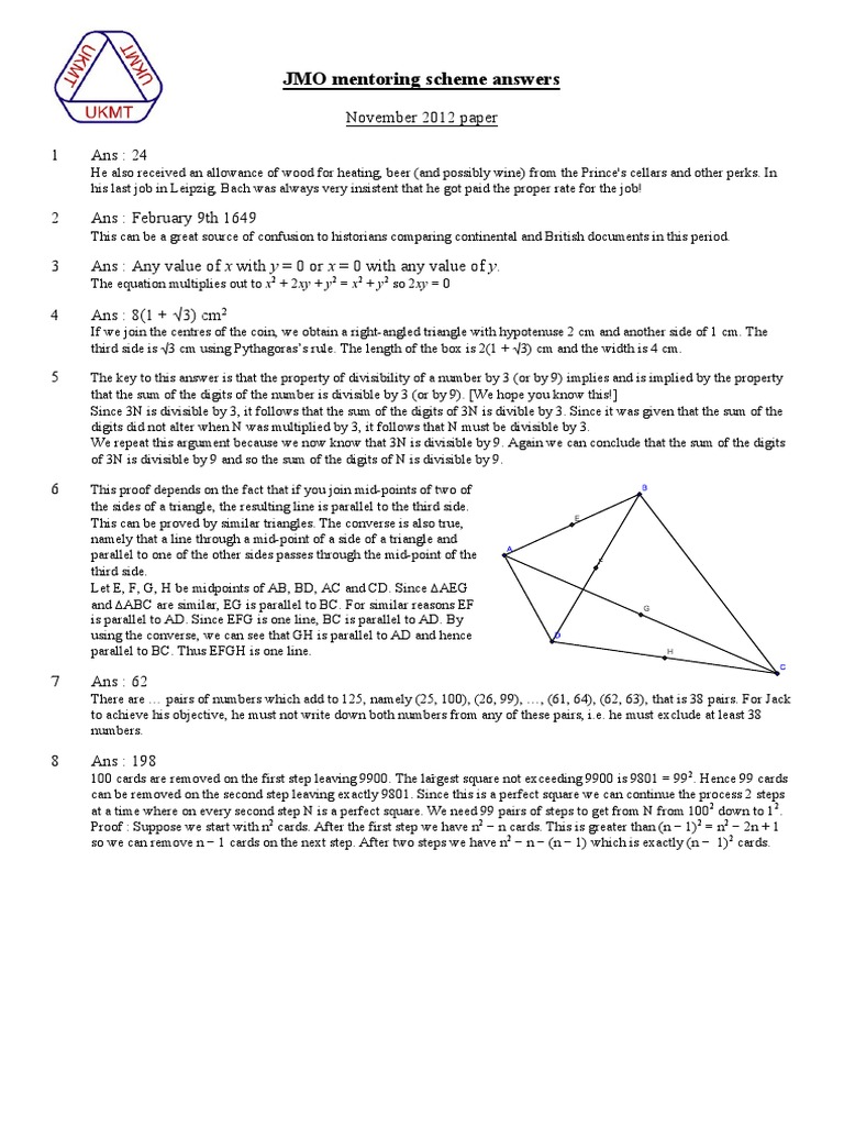 JMO Mentoring Scheme Answers: November 2012 Paper 1 Ans: 24 | PDF | Triangle | Elementary Geometry