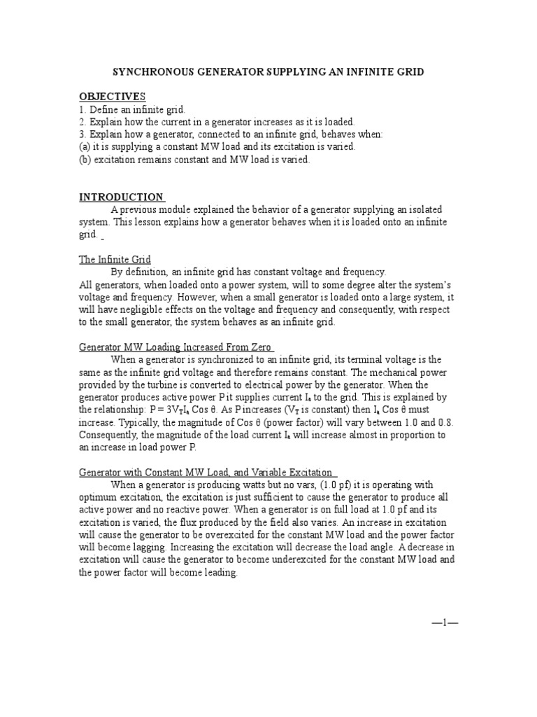 Synchronous Generator Supplying An Infinite Grid Objective S | Download ...
