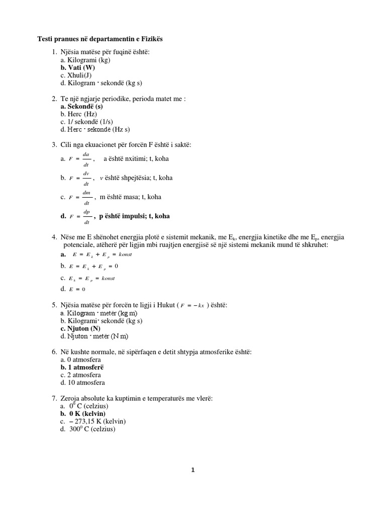 Provimi Pranues, Fizike, 2016 | PDF