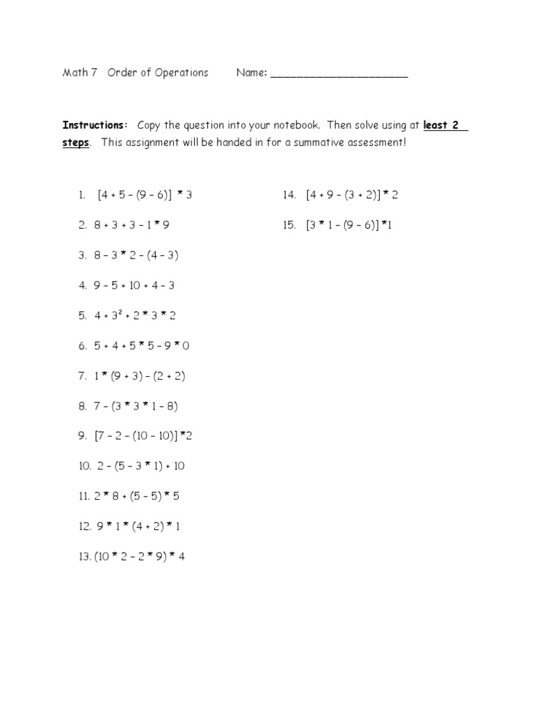 Math 7 Summative Order of Operations Assignment | PDF