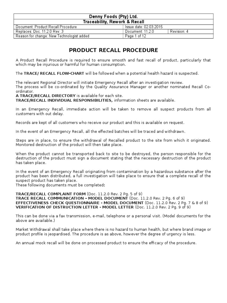 11.2.0 Product Recall Procedure | PDF | Logistics | Inventory