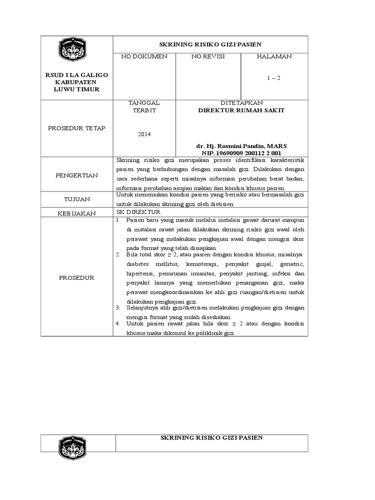 Sop Skrining Risiko Gizi | PDF