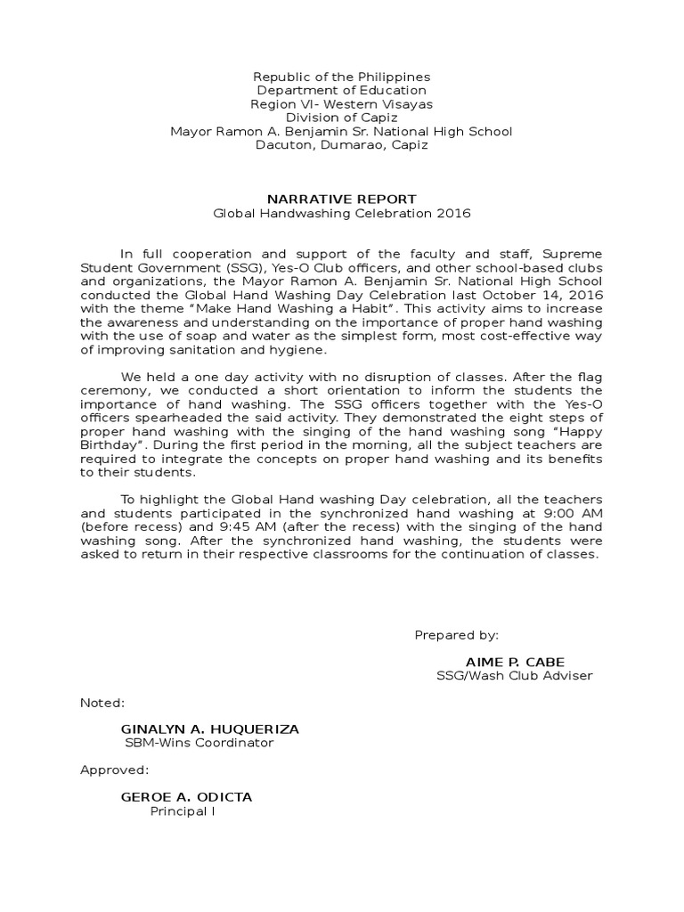 Narrative Report in Global Handwashing 2015 | PDF | Hand Washing | Hygiene