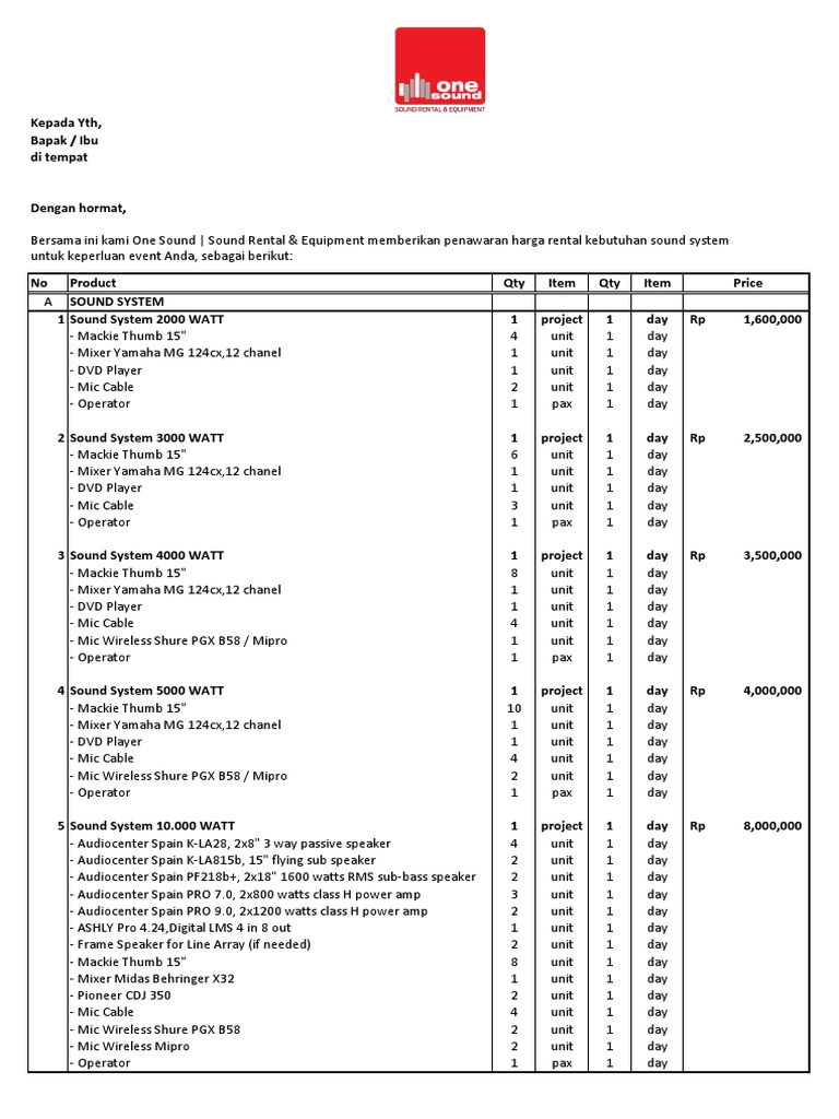 Penawaran Rental Sound System - One Sound | PDF | Music Production ...