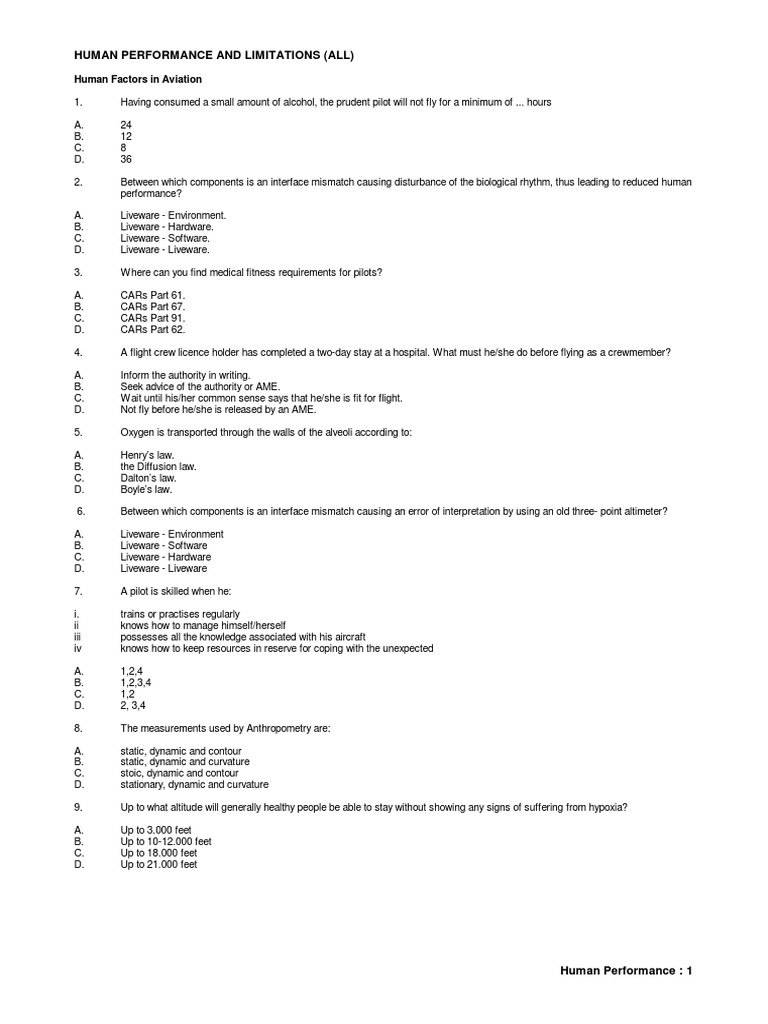 Human Performance and Limitations (All) by Sub-Section | PDF | Hypoxia ...