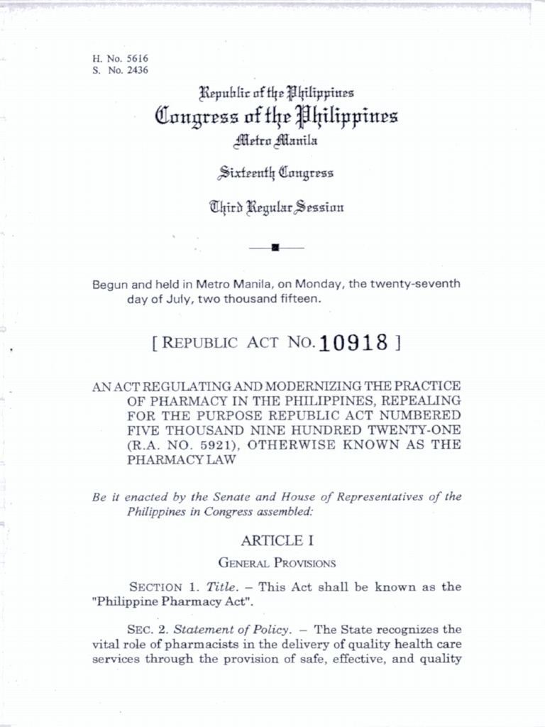 RA 10918 Philippine Pharmacy Act of 2016 | PDF