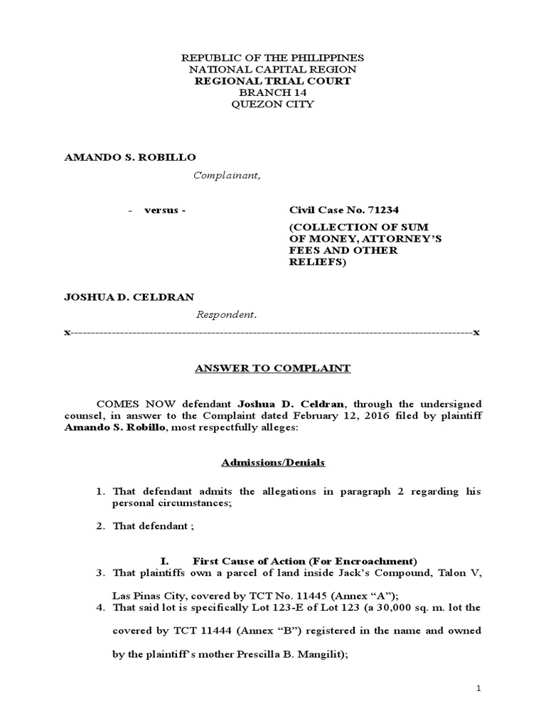 Answer To Complaint | PDF | Complaint | Damages