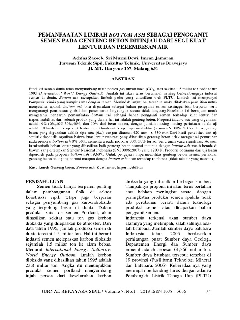 Pemanfaatan Limbah Bottom Ash SBG Pengganti Semen PD Genteng Beton ...