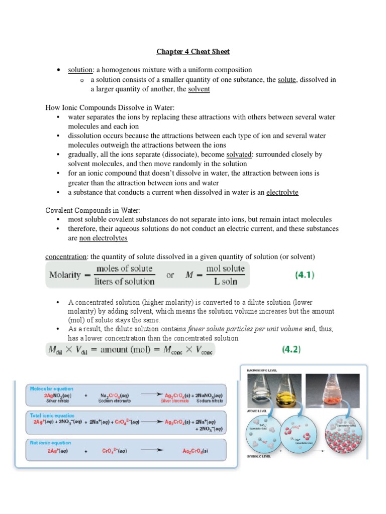 Chapter 4 Cheat Sheet | PDF | Solution | Chemical Reactions
