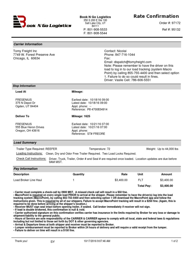 Load Confirmation 95971 | Cargo | Services (Economics)