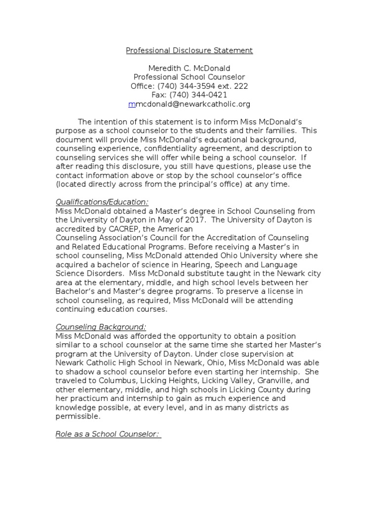 professional disclosure statement final | School Counselor ...