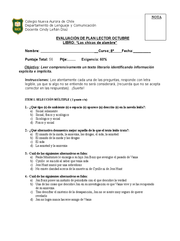 Plan Lector Las Chicas de Alambre 8vo | PDF | Narración | Anorexia nerviosa