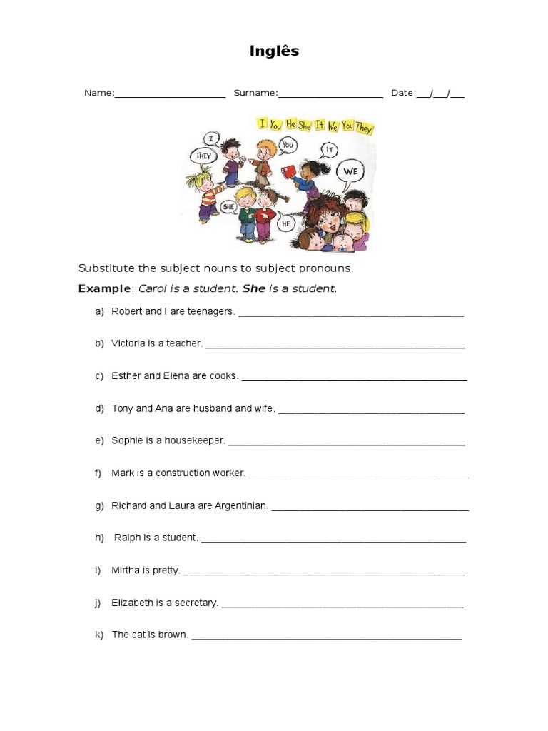 Inglês: Substitute The Subject Nouns To Subject Pronouns | PDF
