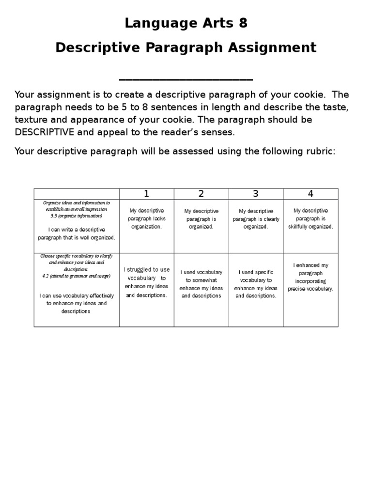 Language Arts 8 Descriptive Paragraph Assignment | PDF