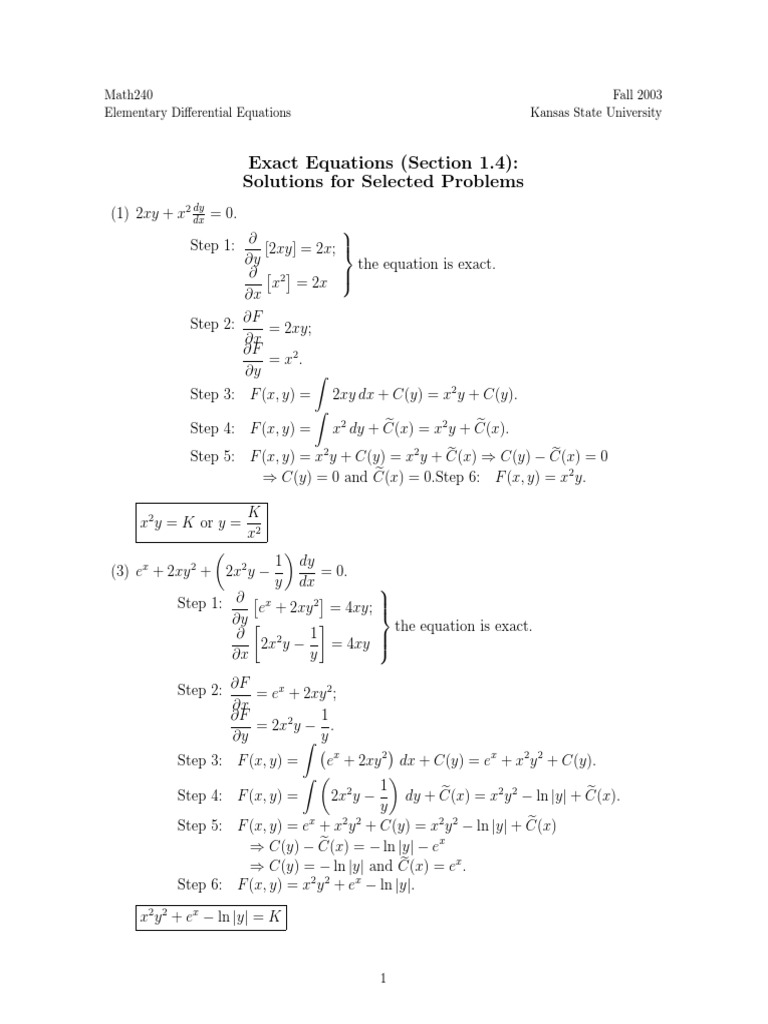Exact Equations (Section 1.4) : Solutions For Selected Problems | PDF